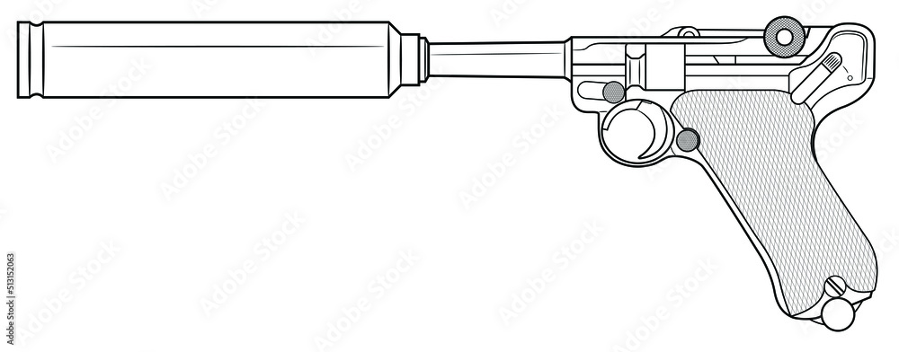 Vector illustration of the P08 Luger automatic pistol with silencer on ...