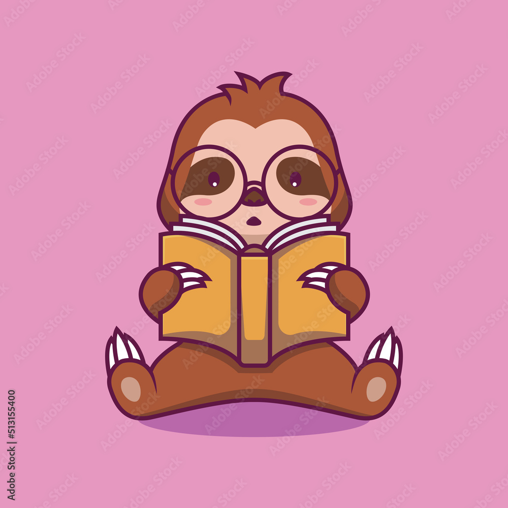 Cute sloth reading book cartoon illustration เวกเตอร์สต็อก | Adobe Stock