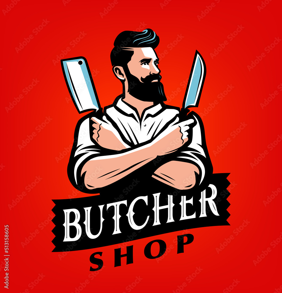 Butcher Shop logo vector. Farm meat emblem. Chef holding knives cleaver ...