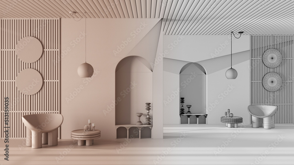 Architect interior designer concept: hand-drawn draft unfinished ...