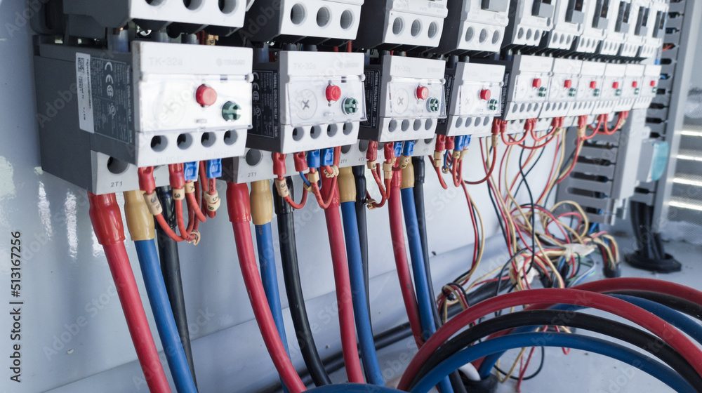 Close-up electrical wiring main contactors of machine control, circuit ...