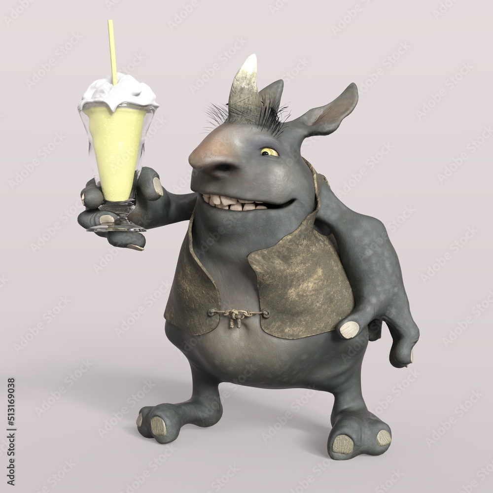 3D-illustration of a cute and funny cartoon kobold, invitation to a ...