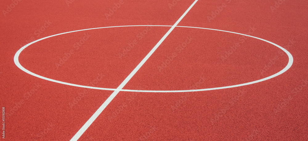 Sports court background. Top view to red artificial rubber ground with ...