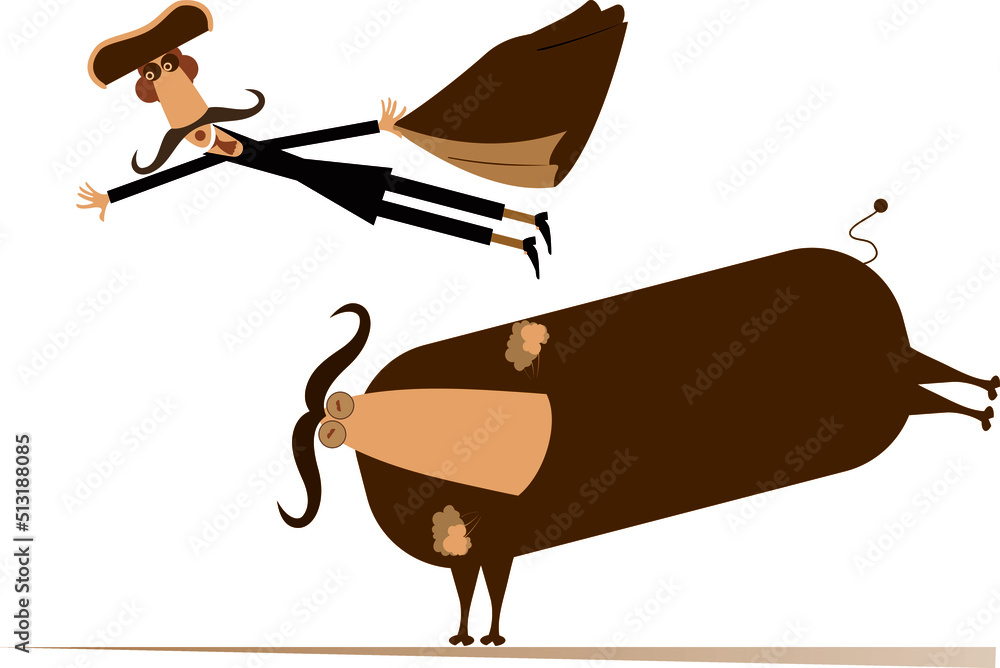 Bullfight. Cartoon bullfighter with matador cape falling down from the ...