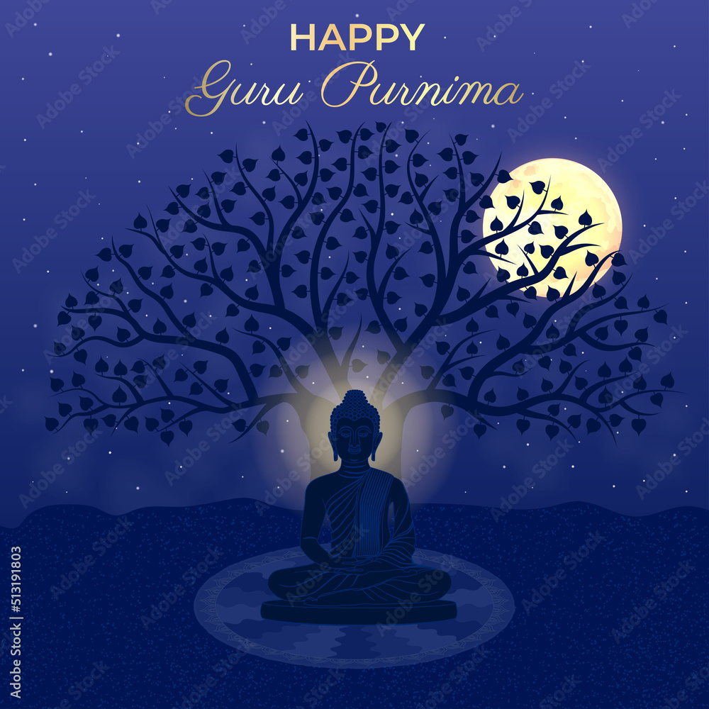 Happy Guru Purnima Gautama Buddha, Bodhi Tree, Moon, Night Sky ...