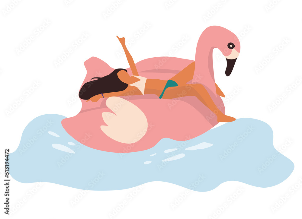 People at beach. Cartoon woman swimming with inflatable mattress ...