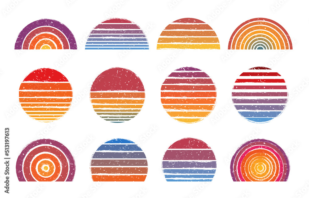 Retro sun circles. Vintage striped sunset and retro sunrise gradient ...