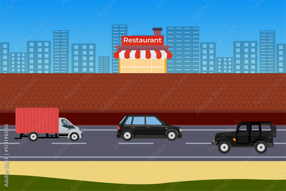Vehicle moving on an urban road with a street restaurant vector. Cars ...