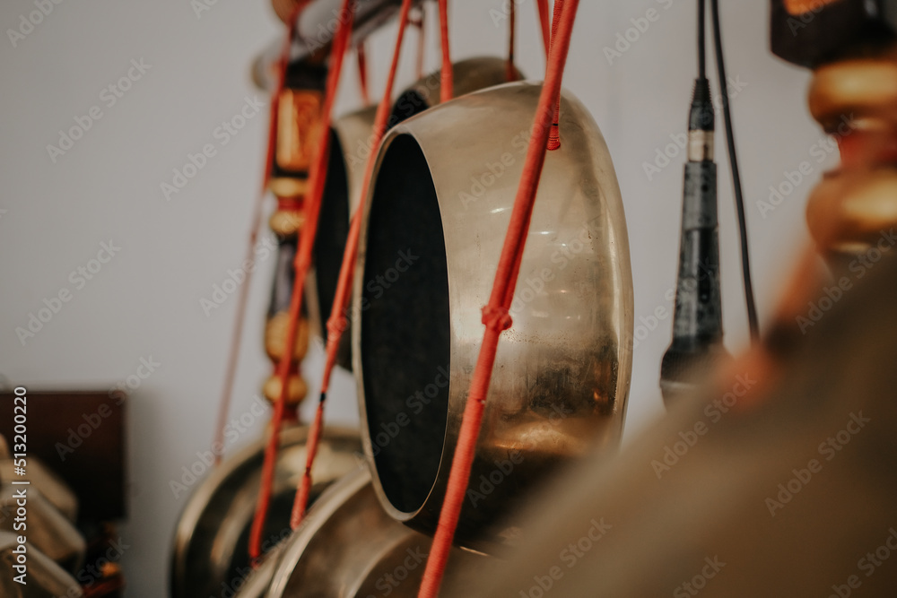 Indonesian musical instruments, Gamelan, drums and gongs. Background ...
