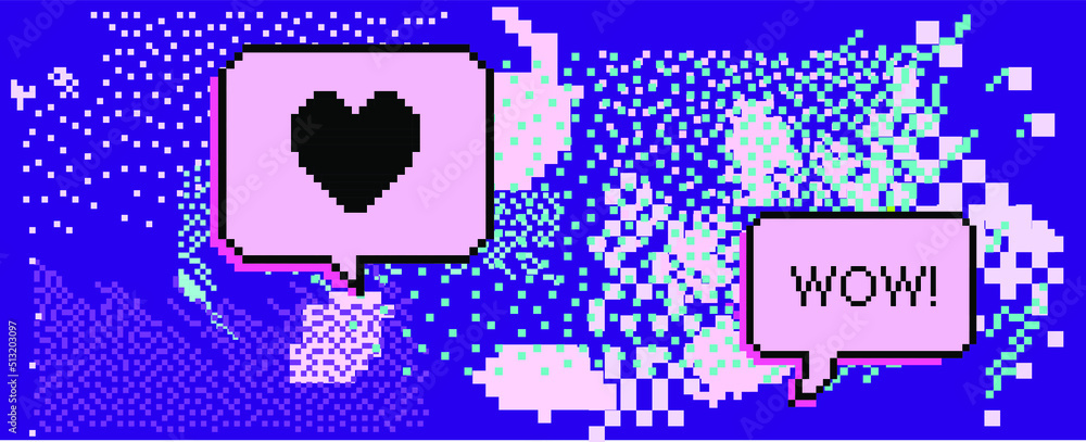 Trendy vaporwave background with pixel art chaotic composition. Concept ...