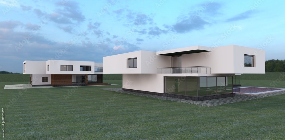 Evening in a village. Two high tech style houses. 3d render. Good idea ...