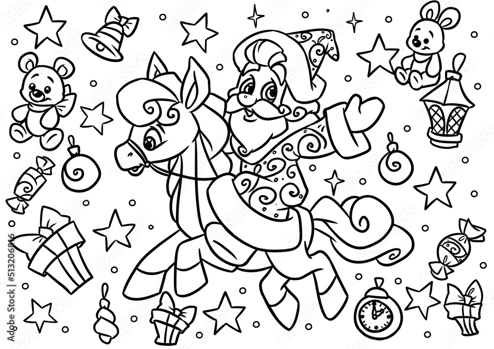 Santa Claus horse gift decoration clipart cartoon illustration coloring ...