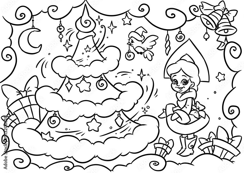 New Year tree girl Snow Maiden coloring page clipart cartoon ...