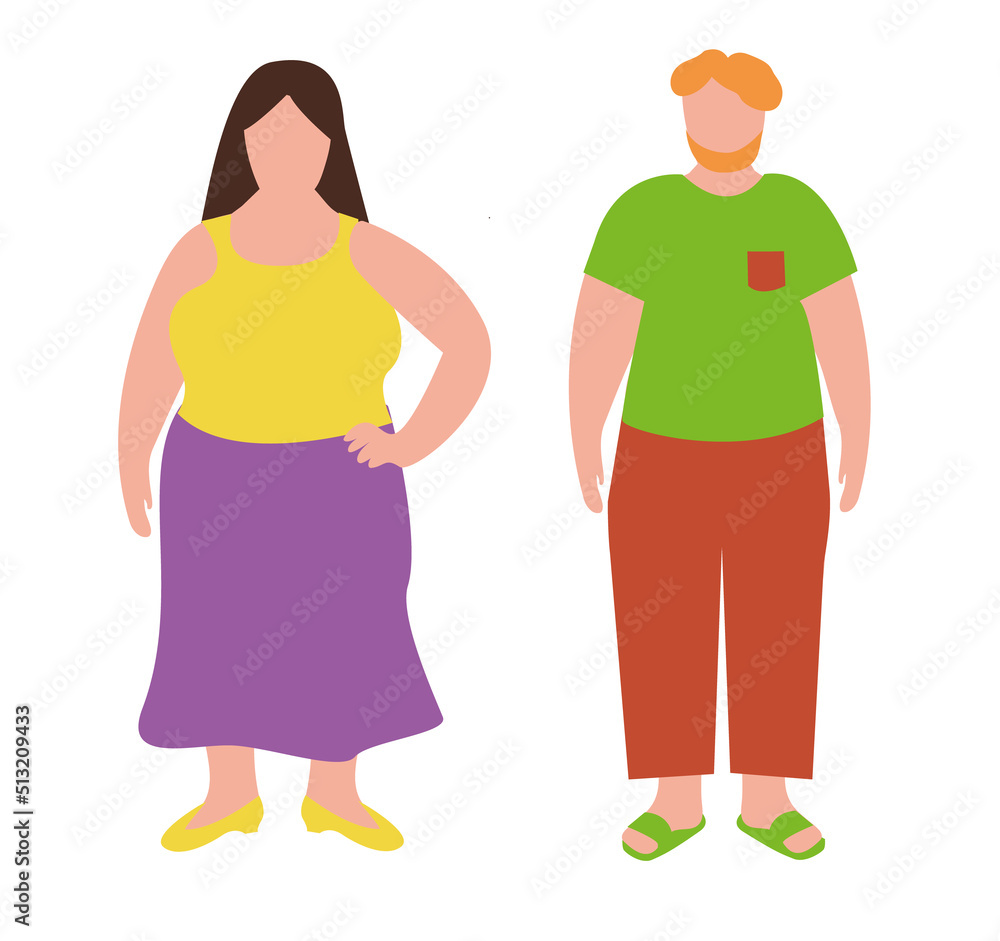 Flat cartoon illustration of overweight woman and man. Plus size person ...