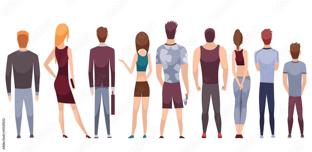People characters back view. Young human persons. Vector peoples ...