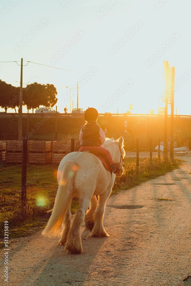 Child riding a horse on a rural farm on a sunny day at the golden hour ...