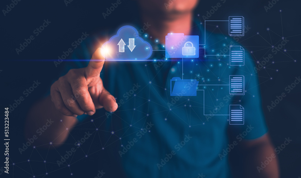 Document security concept, Businessman touching icon clouds, Online ...