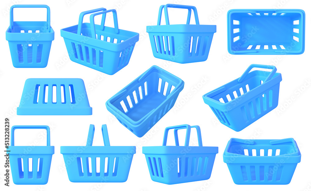 Realistic blue shopping basket set in different positions. Elements for ...