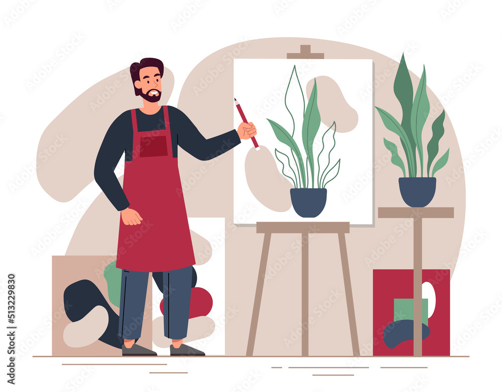 Man drawing at home. Guy with pencil draws sketch of houseplant ...