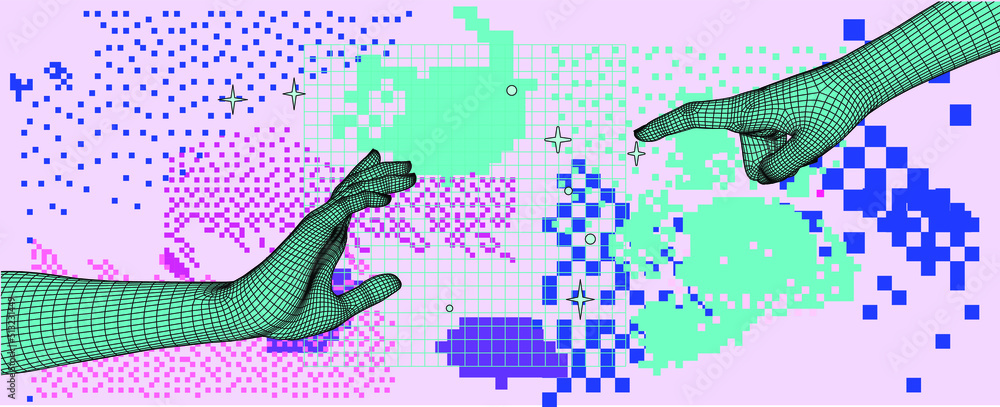 Trendy vaporwave background with pixel art chaotic composition. Concept ...