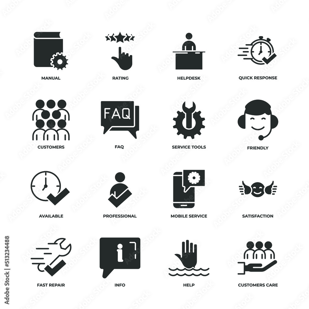 Customer Service and Support vector icons set, modern solid symbol ...