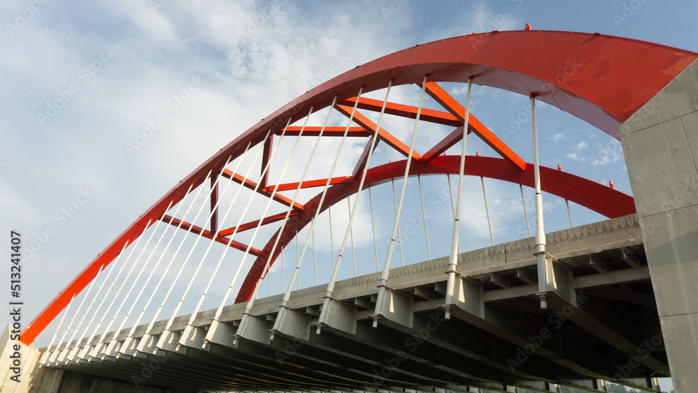 Swing arch bridge construction. bridge with the blue sky background ...