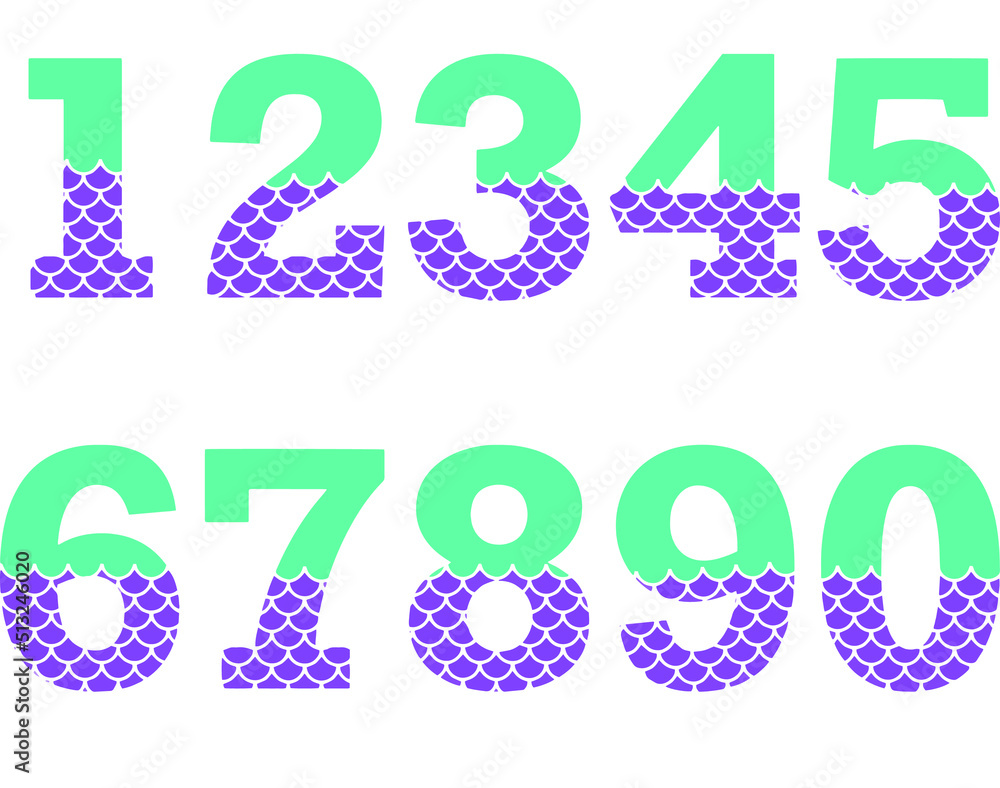 Blue and purple mermaid number with scales vector illustration isolated ...