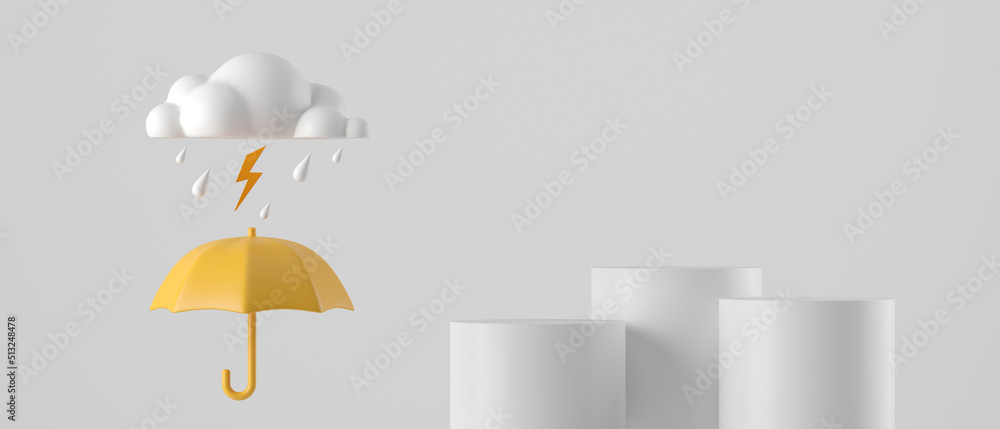 Podium 3d cartoon rain season yellow umbrella and clouds with rain on ...