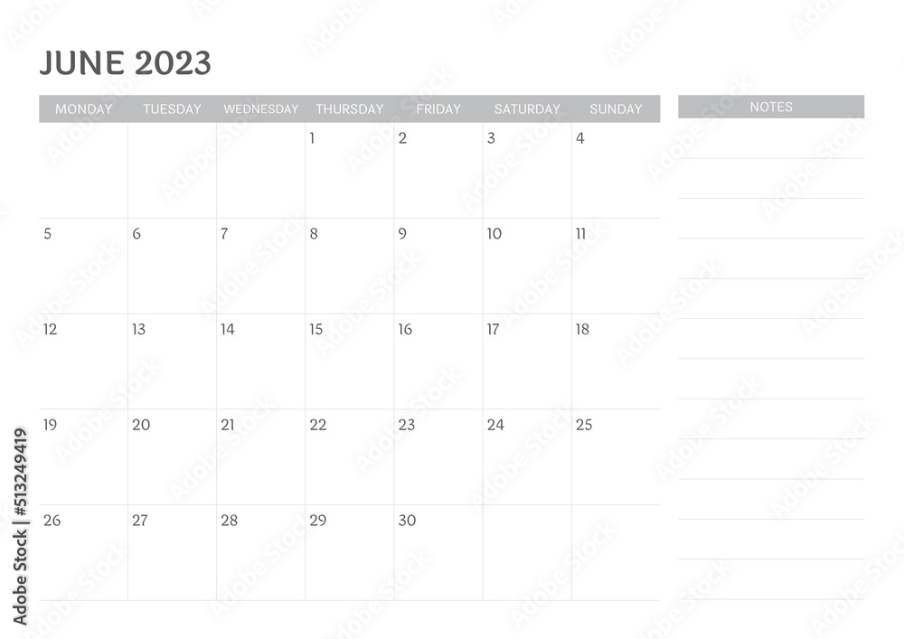 simple calendar June 2023 with notes Stock Vector | Adobe Stock