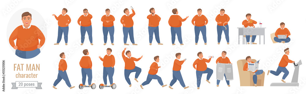 Cartoon body positive male character showing different postures action ...