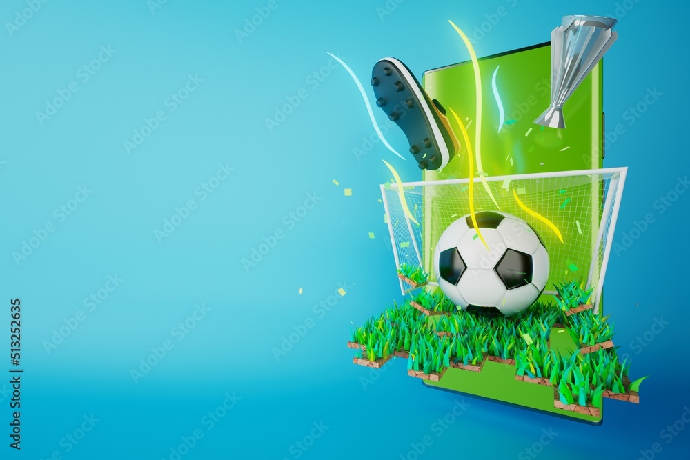 3d football on greenfield. watching sport online from a smartphone ...