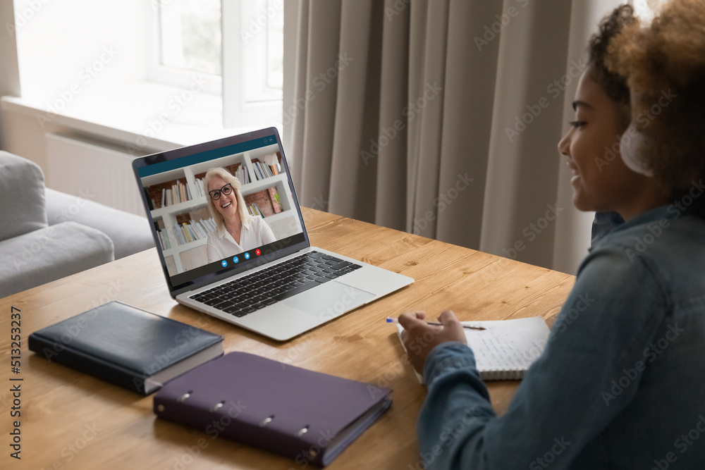 Senior female tutor seen on laptop monitor, screen view over teenager ...