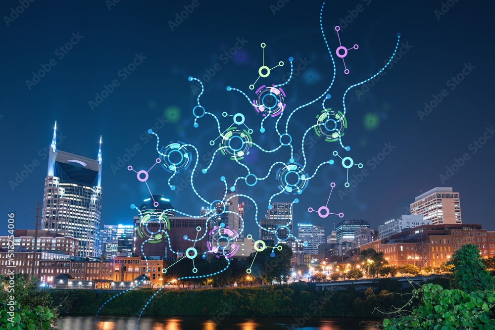 Panoramic view of Broadway district of Nashville over River at ...