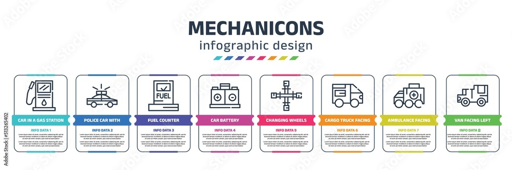 mechanicons infographic design template with car in a gas station ...