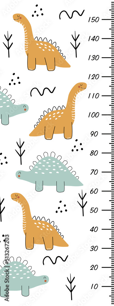 Children's growth chart with hand drawn dinosaurs, tree and dots in ...