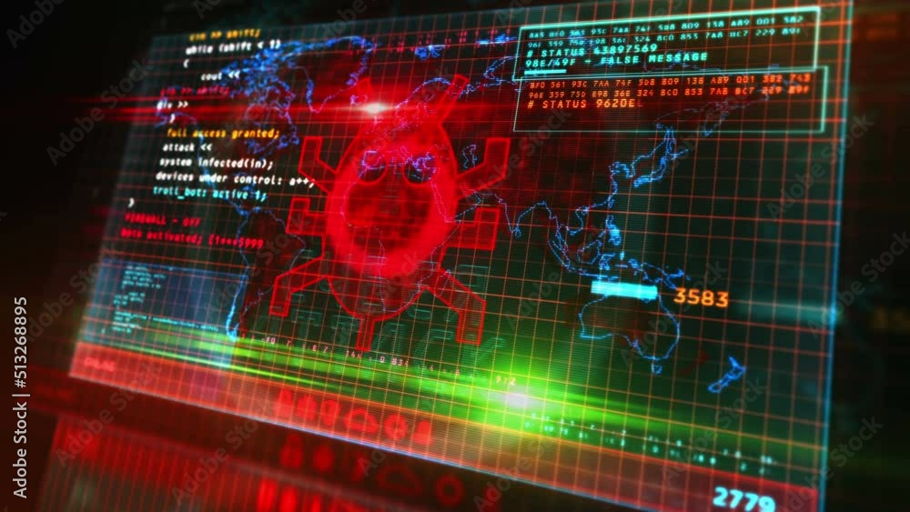 Cyberattack message on computer screen loop. Cyber attack, security breach and russian hacker ...