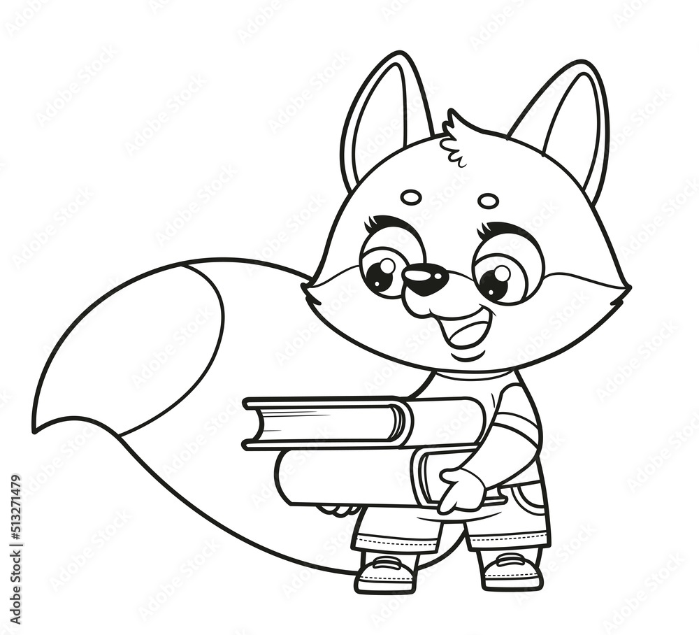 Cute cartoon fox hold a book stack outlined for coloring page on white ...
