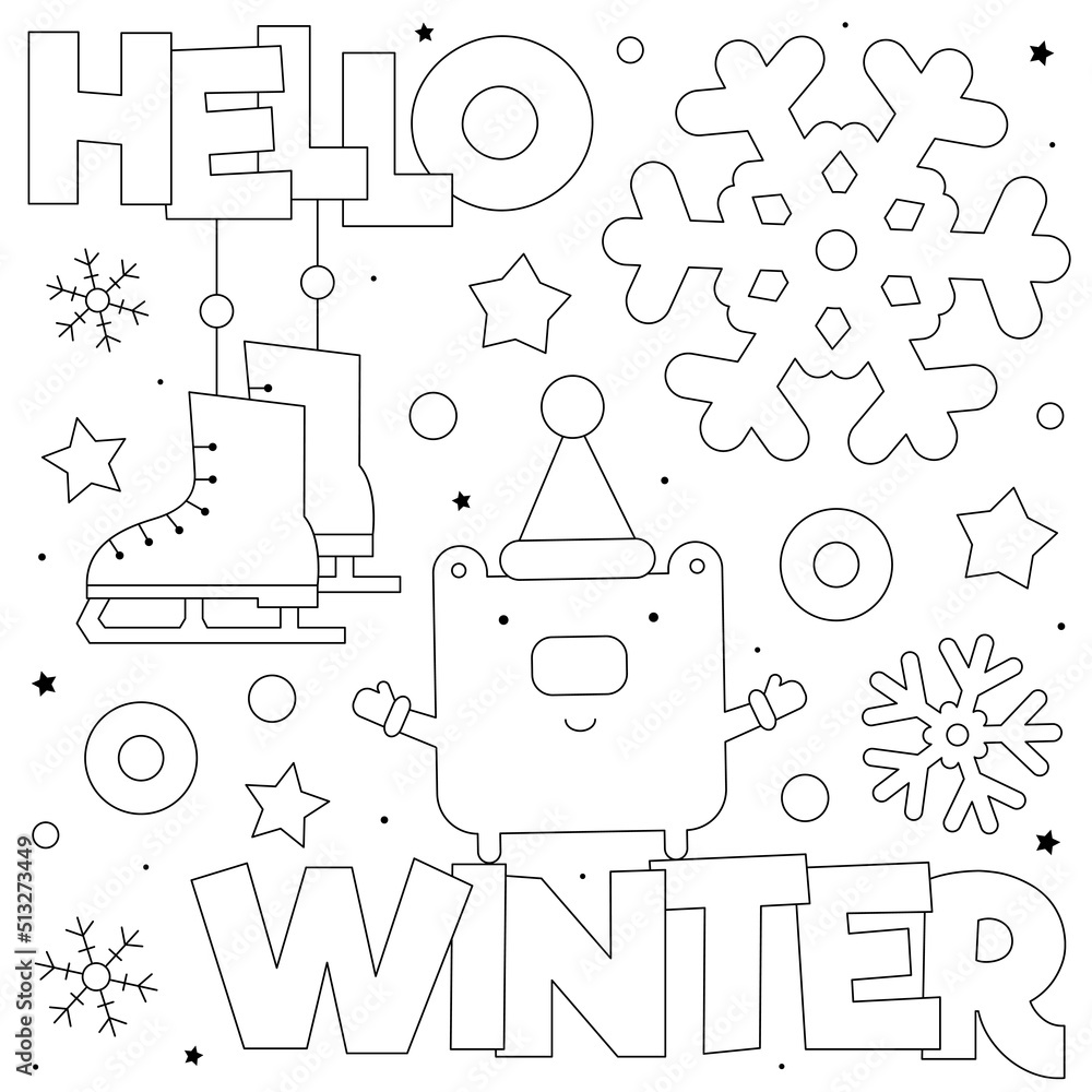 Hello Winter. Coloring page. Black and white vector illustration. Stock ...
