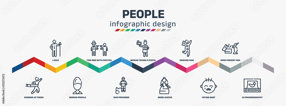 people infographic design template with lance, running at finish, two ...