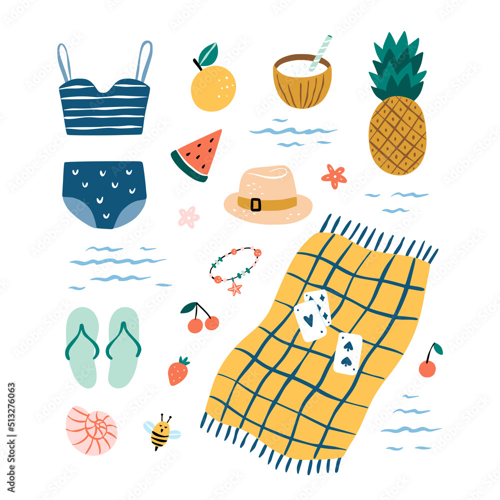 Summer clipart vector set. Cute beach graphic elements. Summer picnic ...