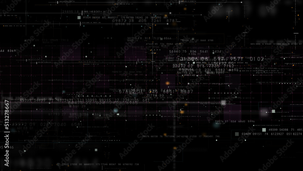 Futuristic abstract de-focus flowing data matrix, meta, metaverse, telemetry and encrypt numbers ...