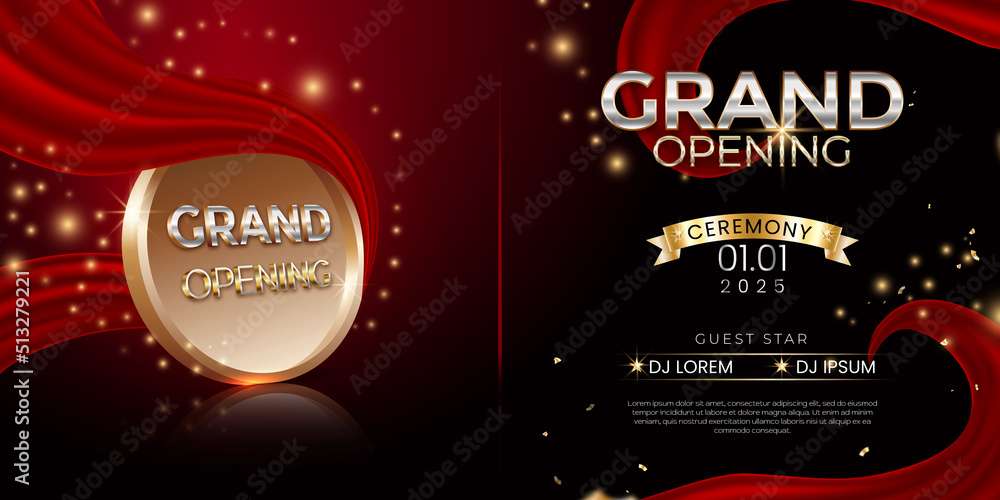 Grand Opening ceremony Banner with red silk, confetti, ribbon cutting ...