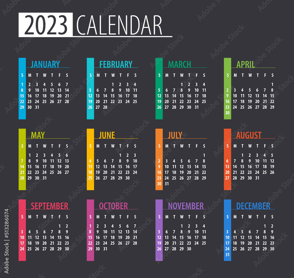 2023 Calendar - illustration. Template. Mock up. Week starts on Sunday ...
