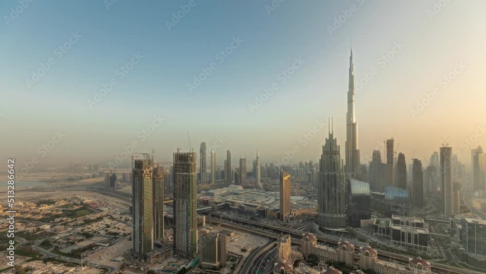 Panorama showing aerial view of tallest towers in Dubai Downtown ...