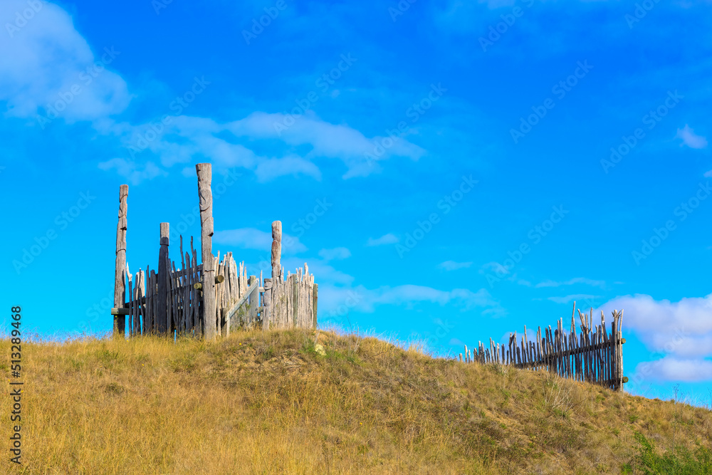 Otatara Pa, a reconstruction of a historic Maori pa (fortified village ...