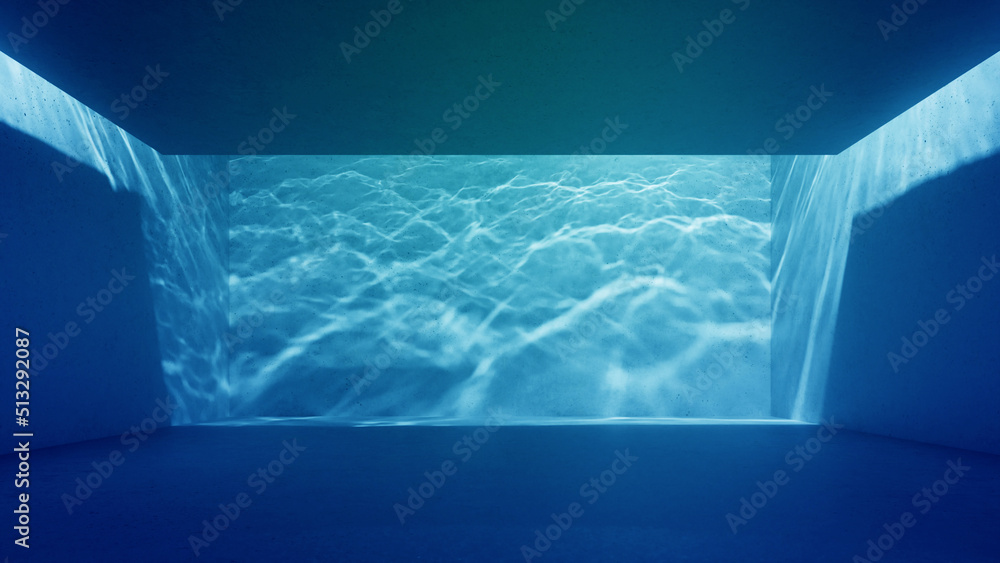 3d render, abstract background. Clear water inside blue swimming pool ...