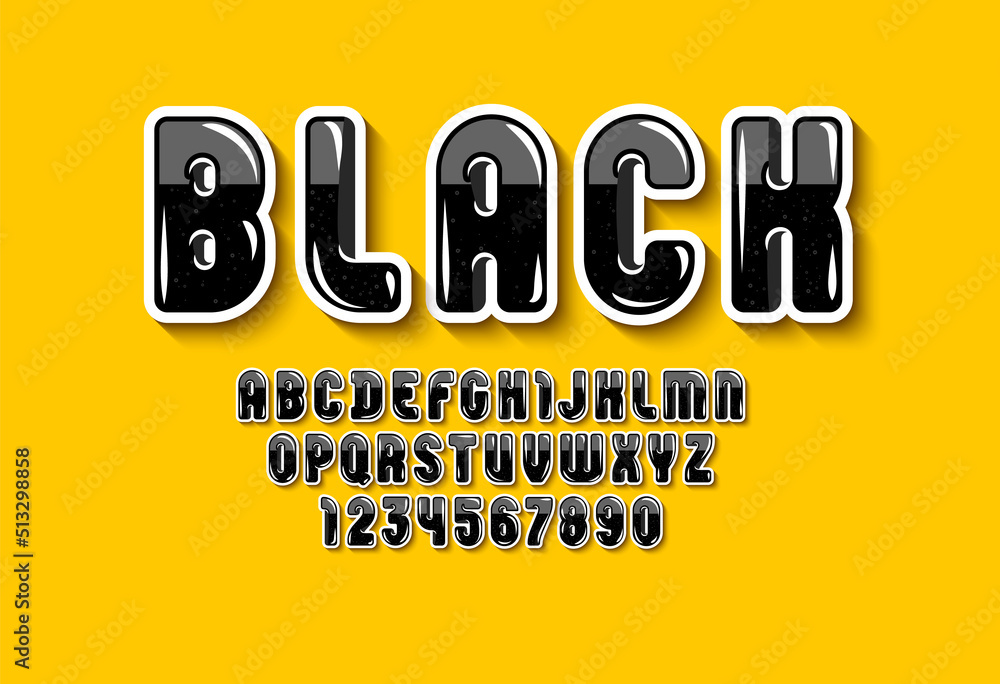 Black glossy font, dark alphabet in the cartoon style, rounded letters ...