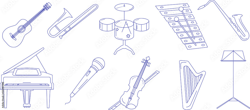 Vector outline black and white illustration set of musical instruments ...
