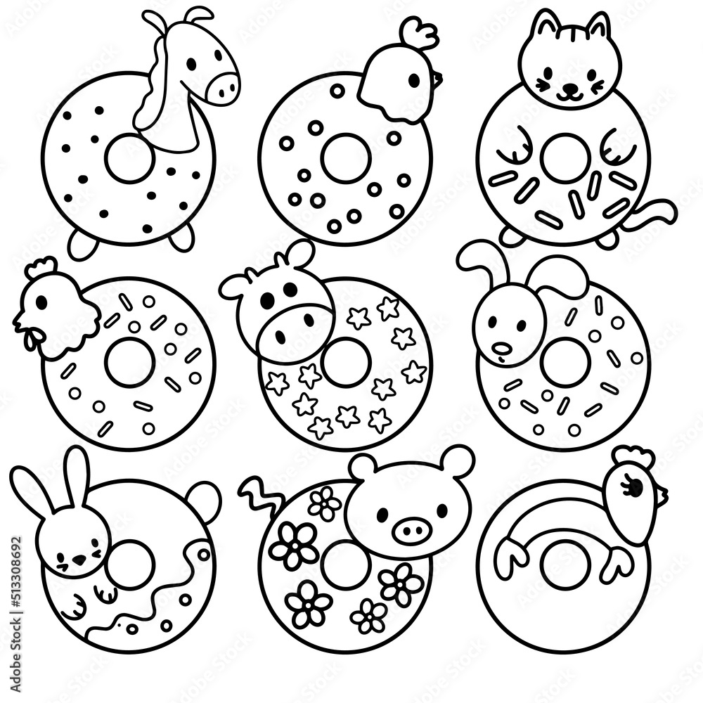 Set of doodle donuts black line. Outlined anti-stress coloring page ...