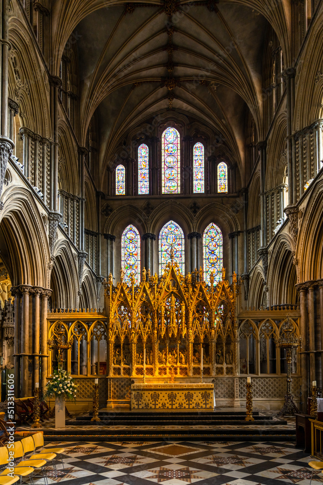 interior view of the Ely Cathedral with the choir and altar in detail ...